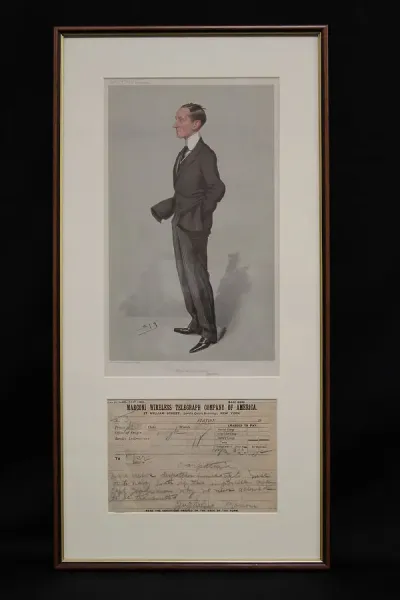 RMS Titanic Marconi portrait with Carpathia telegram