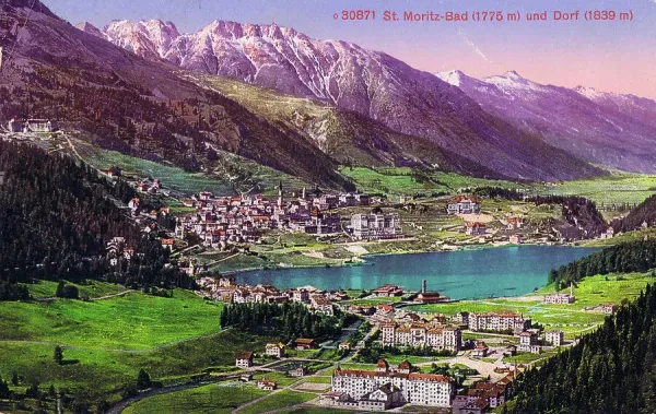A view of the resort of St Moritz showing the two areas