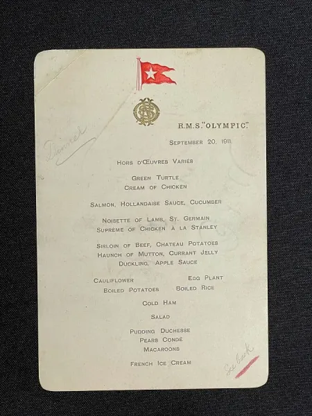 White Star Line, RMS Olympic, dinner menu card Our beautiful Wall Art ...