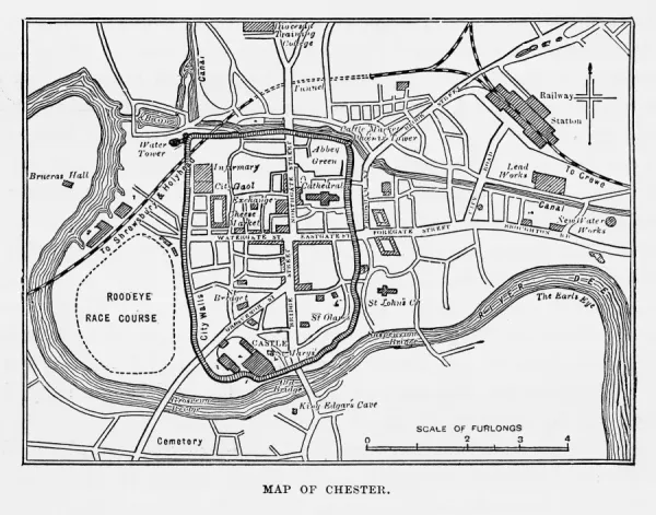 Map of the City of Chester, England Victorian Engraving