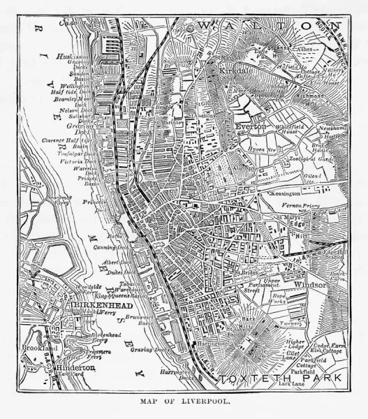 Map of the City of Liverpool, England Victorian Engraving