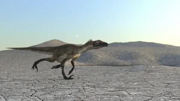 Utahraptor running across a desert landscape Our beautiful Wall Art and ...