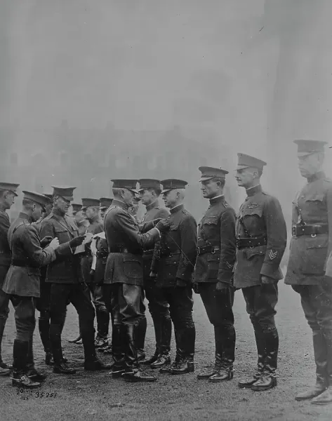 Greetings Card of Pershing decorating Americans, Feb 1919