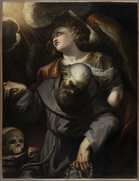 Postcard of Saint Francis with the Stigmata, held up by an Angel