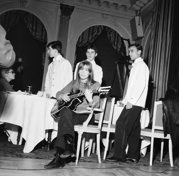 Greetings Card of Francoise Hardy, french singer pictured rehearsing