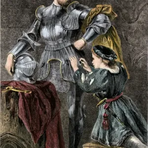 Illustration of a medieval squire being dubbed a knight