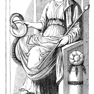 Black and white illustration of Roman virgin goddess Vesta